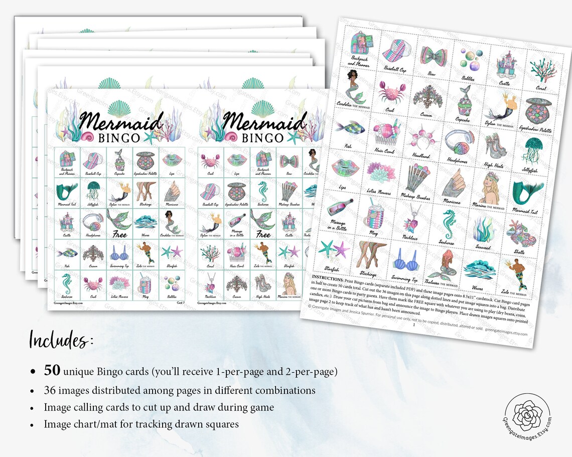 Mermaid Bingo Cards: Printable Bingo Cards 50 Cards Kids | Etsy