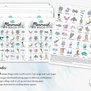Mermaid Bingo Cards: Printable Bingo Cards, 50 Cards, Kids Game ...
