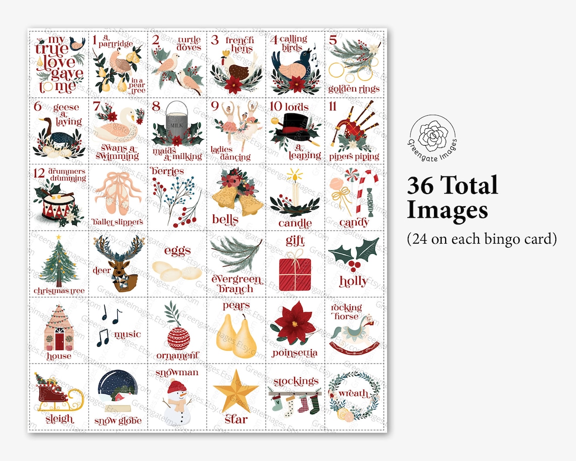 12 Days of Christmas Bingo Cards 50 PRINTABLE Unique Cards - Etsy