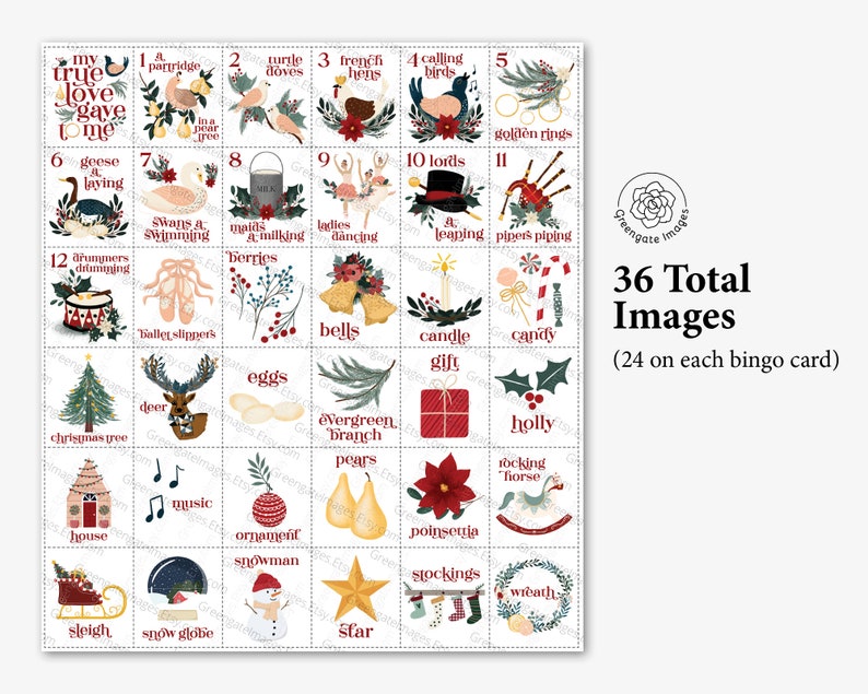 12 Days of Christmas Bingo Cards - 50 PRINTABLE Unique Cards, Senior ...