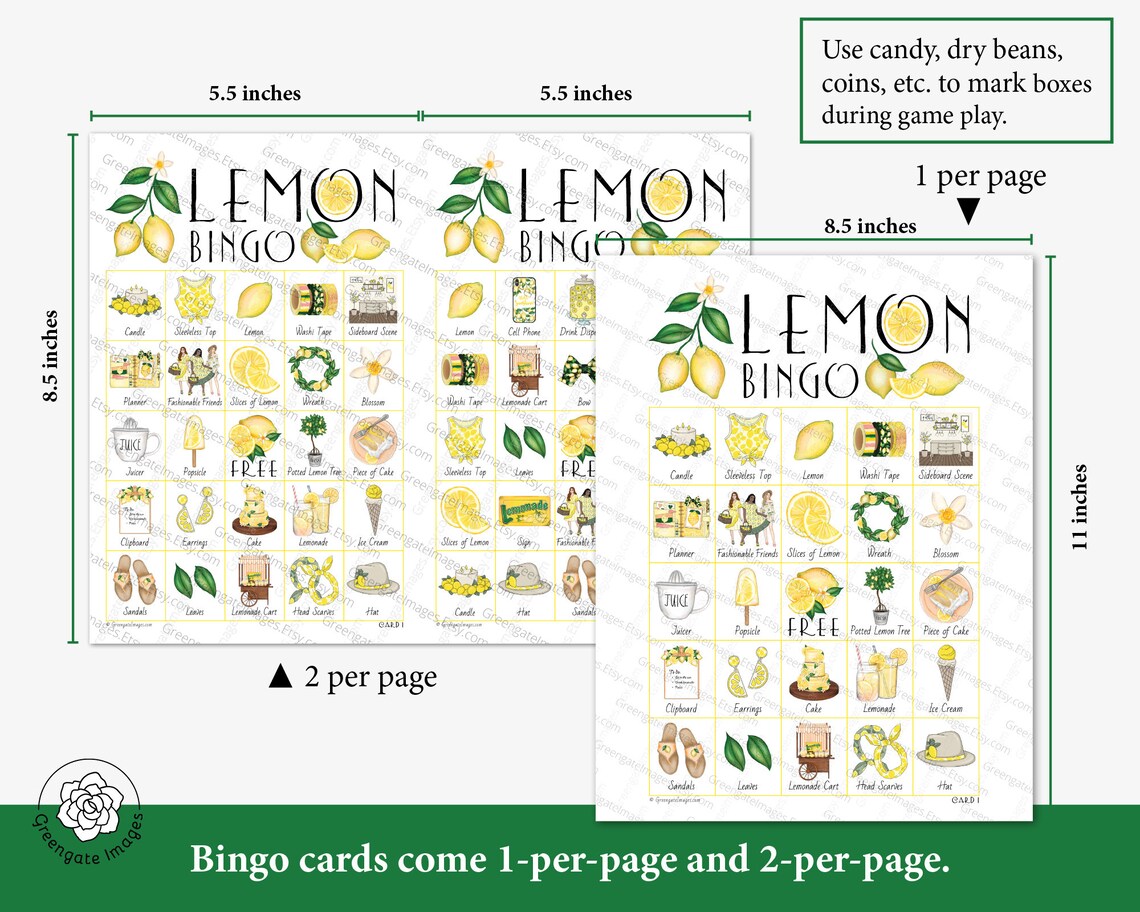 Lemon Bingo - 50 PRINTABLE Unique Cards. Instant Digital Download PDF ...