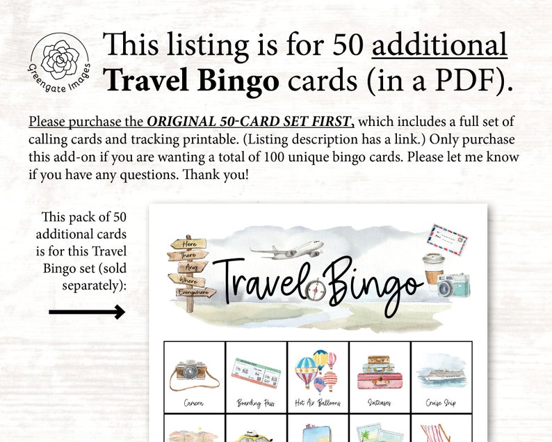 ADD-ON: 50 Additional Travel Bingo Cards (numbered 51-100) to Go With ...