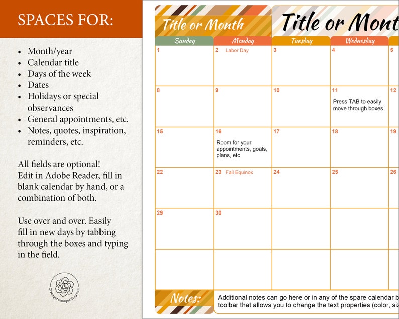 Editable Calendar Templates: Blank Calendar Pages Fall - Etsy