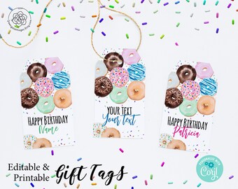 Donut Gift Tags Printable Gift Tag Editable Corjl Favor | Etsy
