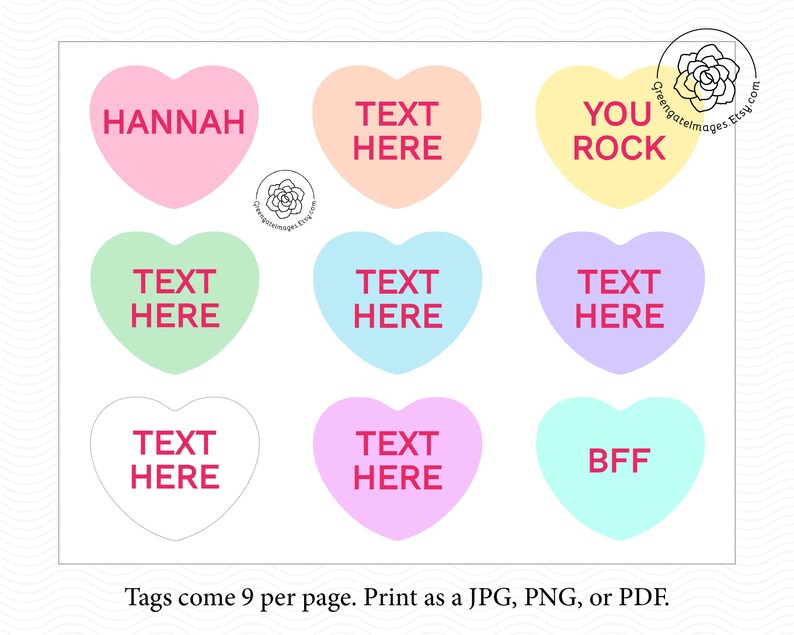 Candy Heart Gift Tags - Corjl Editable, Favor Tags, Printable Hang Tags ...