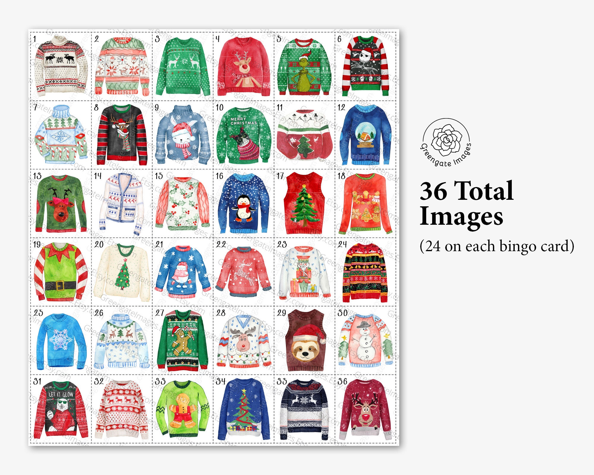 Ugly Christmas Sweater Bingo - 50 PRINTABLE Unique Cards. Instant ...