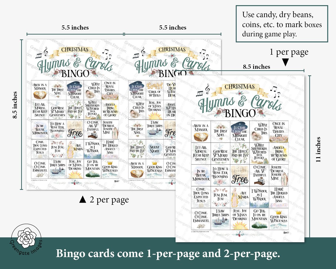 Christmas Hymn Bingo - 50 PRINTABLE Unique Cards. Instant Download PDF ...