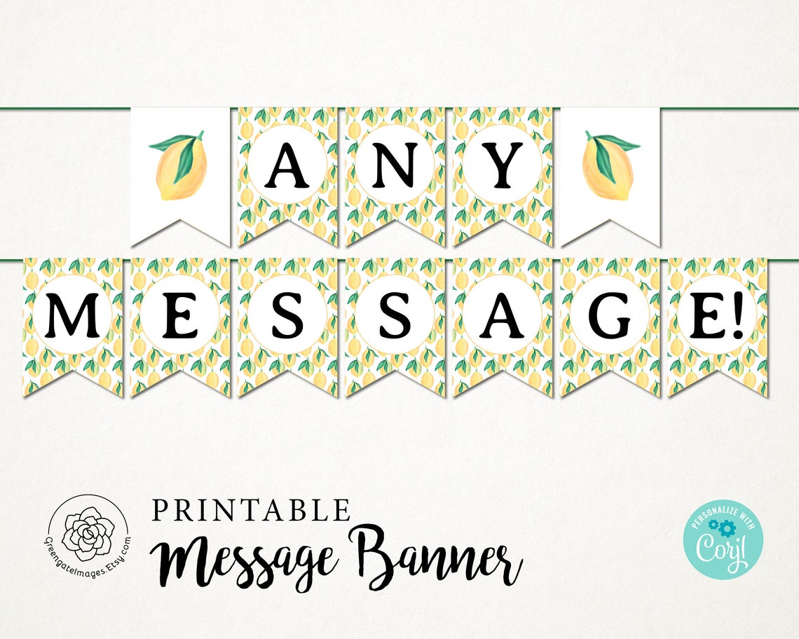 Lemon Message Banner printable bunting editable Corjl | Etsy