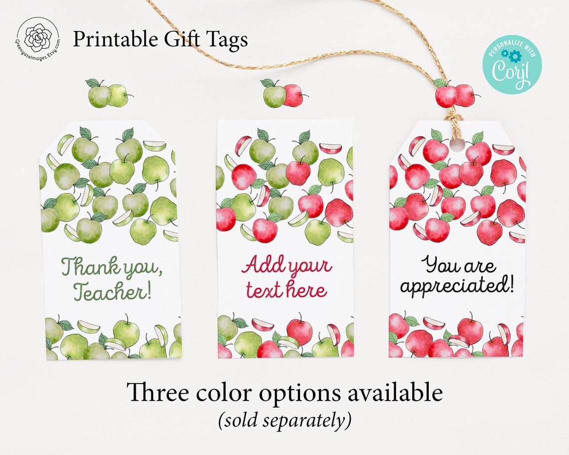 Green and Red Apple Gift Tag - Printable Favor Hang Tag, Edit Corjl ...