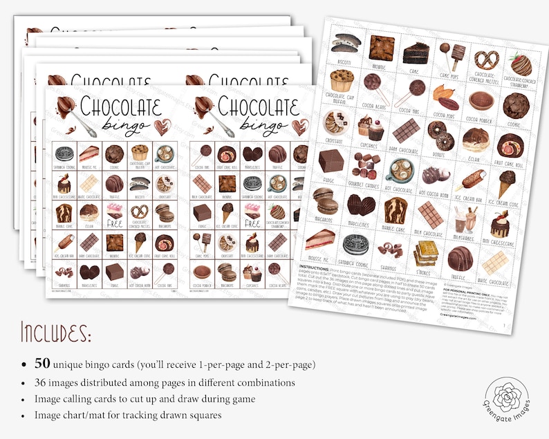 Chocolate Bingo Cards: Printable Bingo Cards, Color Pictures, 50 Cards ...
