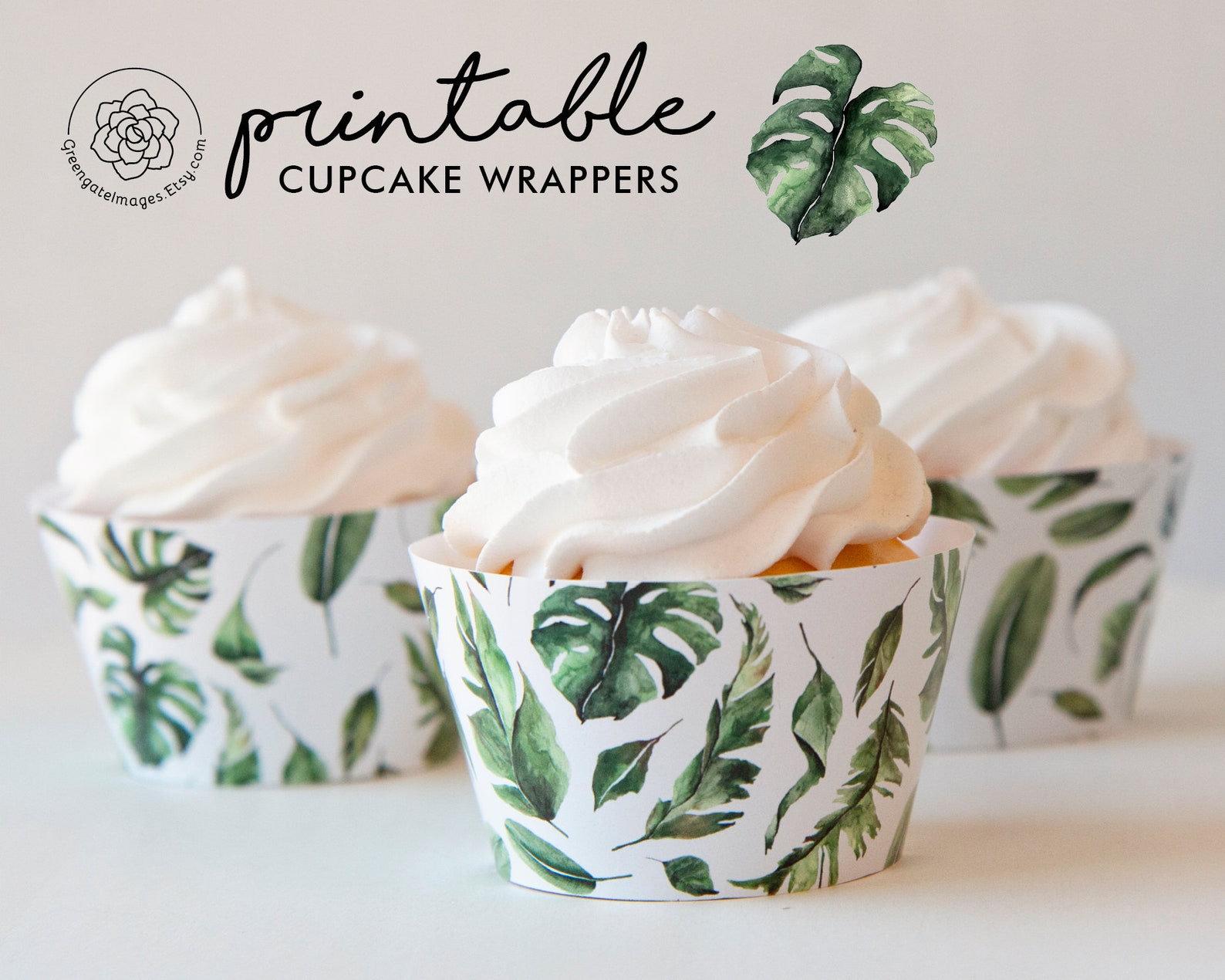 Tropical Leaves Cupcake Wrapper greenery cupcakes party | Etsy