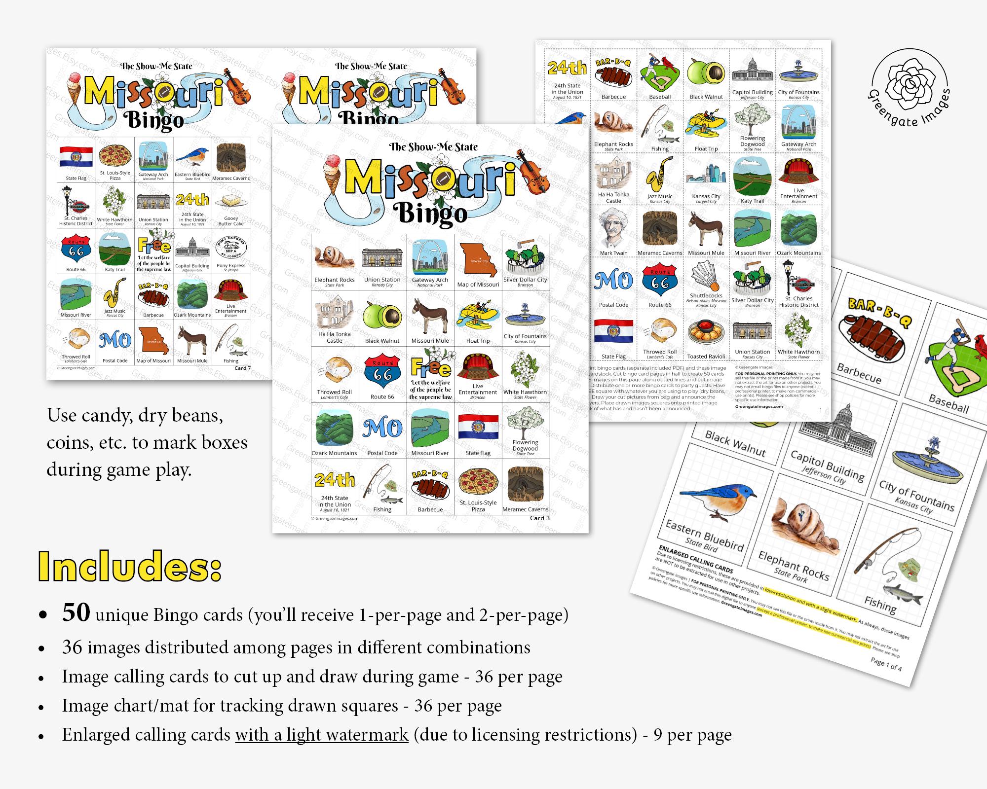 Missouri Bingo Cards - 50 PRINTABLE Unique Cards Download Instantly ...