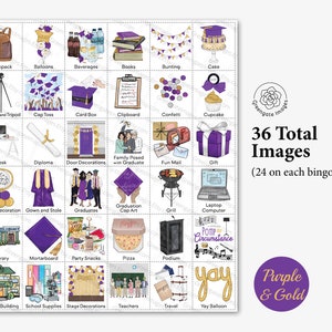 Graduation Bingo - 50 PRINTABLE Unique Cards. Purple and Gold Color ...