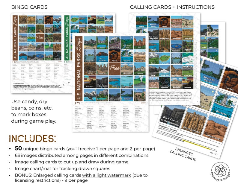 National Parks Bingo - 50 Cards, PRINTABLE, Senior Citizen Activities ...