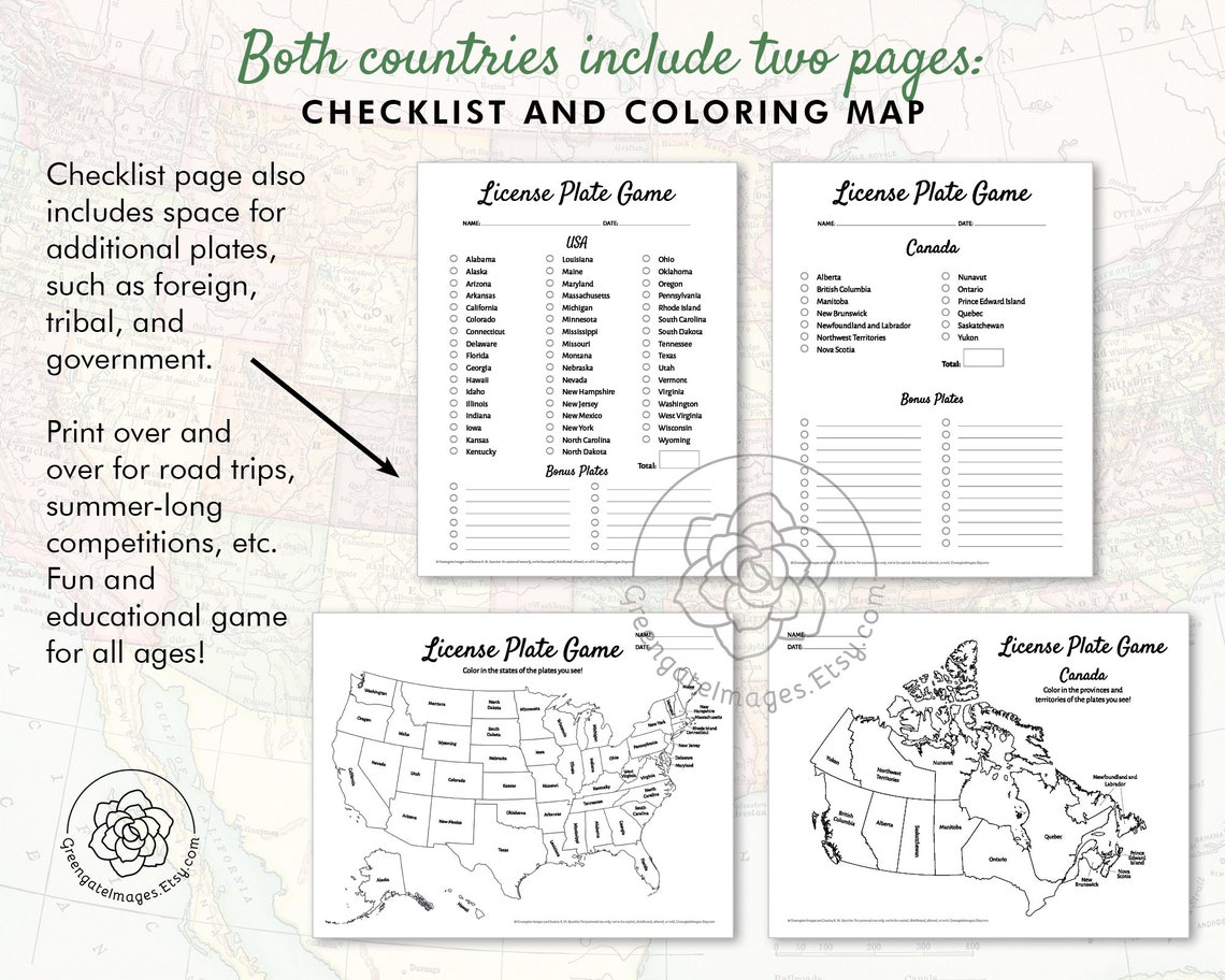 License Plate Game Printable US and Canada Road Trip Games | Etsy Canada