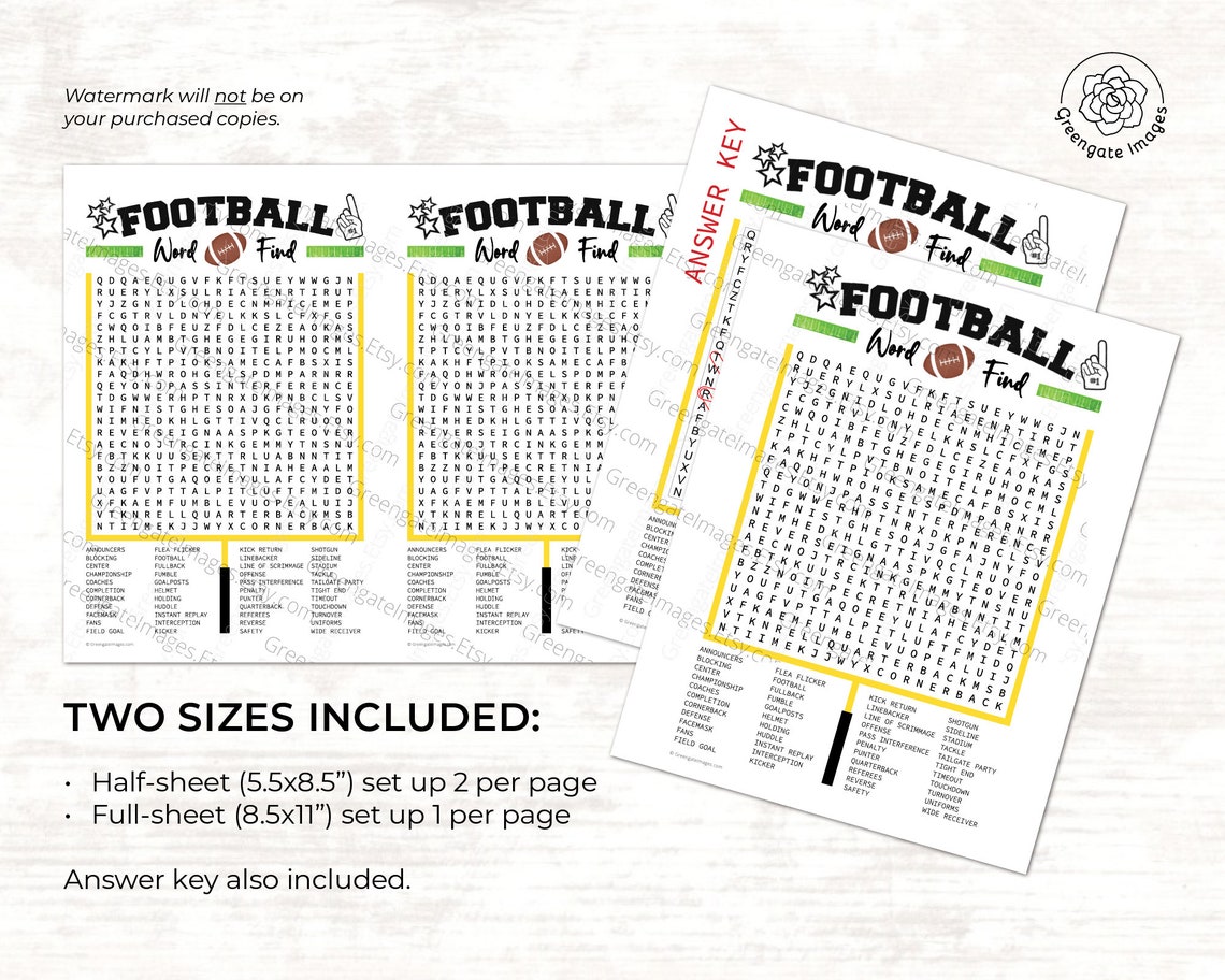 PRINTABLE Football Word Search - Big 44-word Find. Instant Download PDF ...