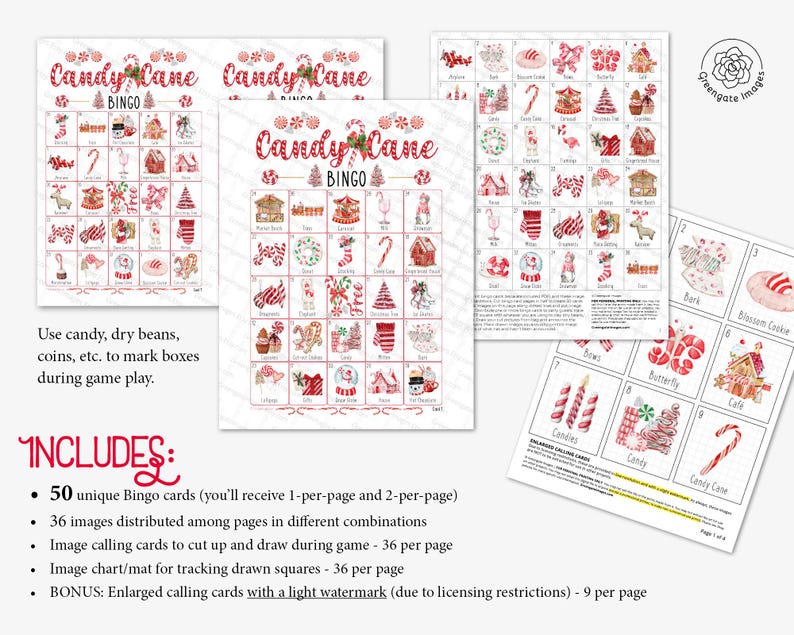 Candy Cane Bingo - 50 PRINTABLE Unique Cards. Instant Download PDF ...