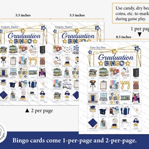 Graduation Bingo - 50 PRINTABLE Unique Cards. Navy Blue and Gold Color ...