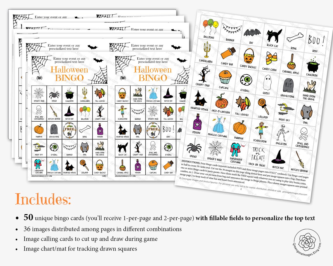 Custom Halloween Bingo: 50 Printable Bingo Cards With Labeled - Etsy