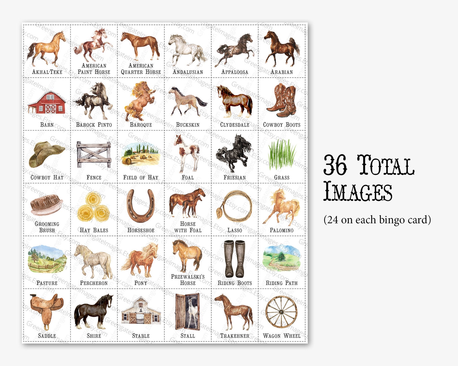 Horse Bingo: 50 Printable Bingo Cards - Cowgirl Party, Cowboy, Country ...