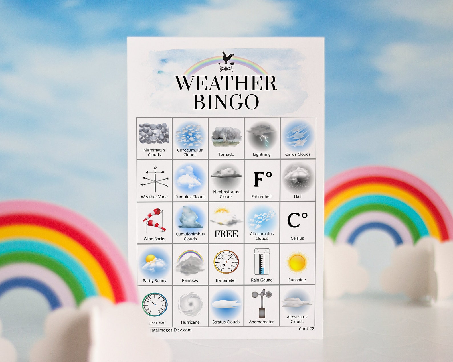 Weather Bingo Cards: Printable Bingo Cards, 50 Cards, Kids Game ...