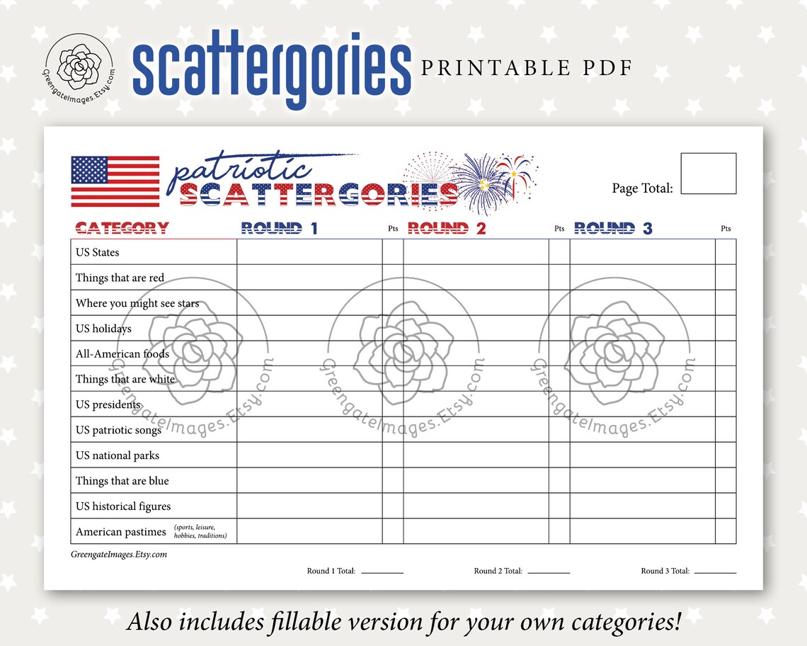 Patriotic Scattergories Printable Scattergories Template | Etsy