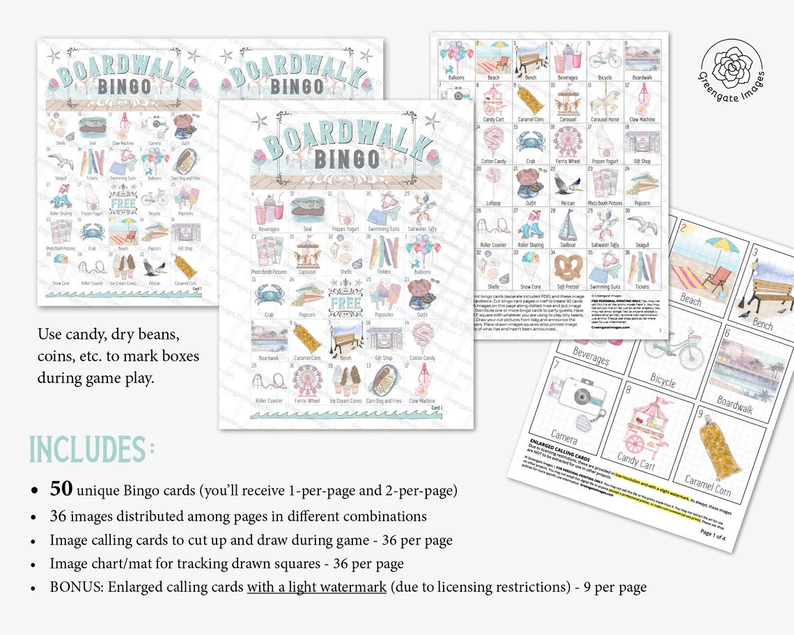 Beach Boardwalk Bingo: 50 PRINTABLE Unique Cards. Instant Digital ...