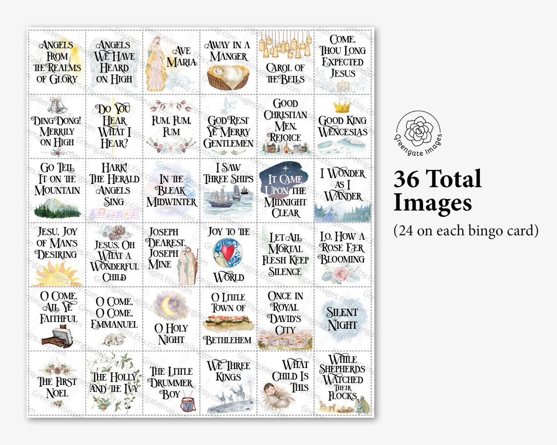 Christmas Hymn Bingo - 50 PRINTABLE Unique Cards. Instant Download PDF ...