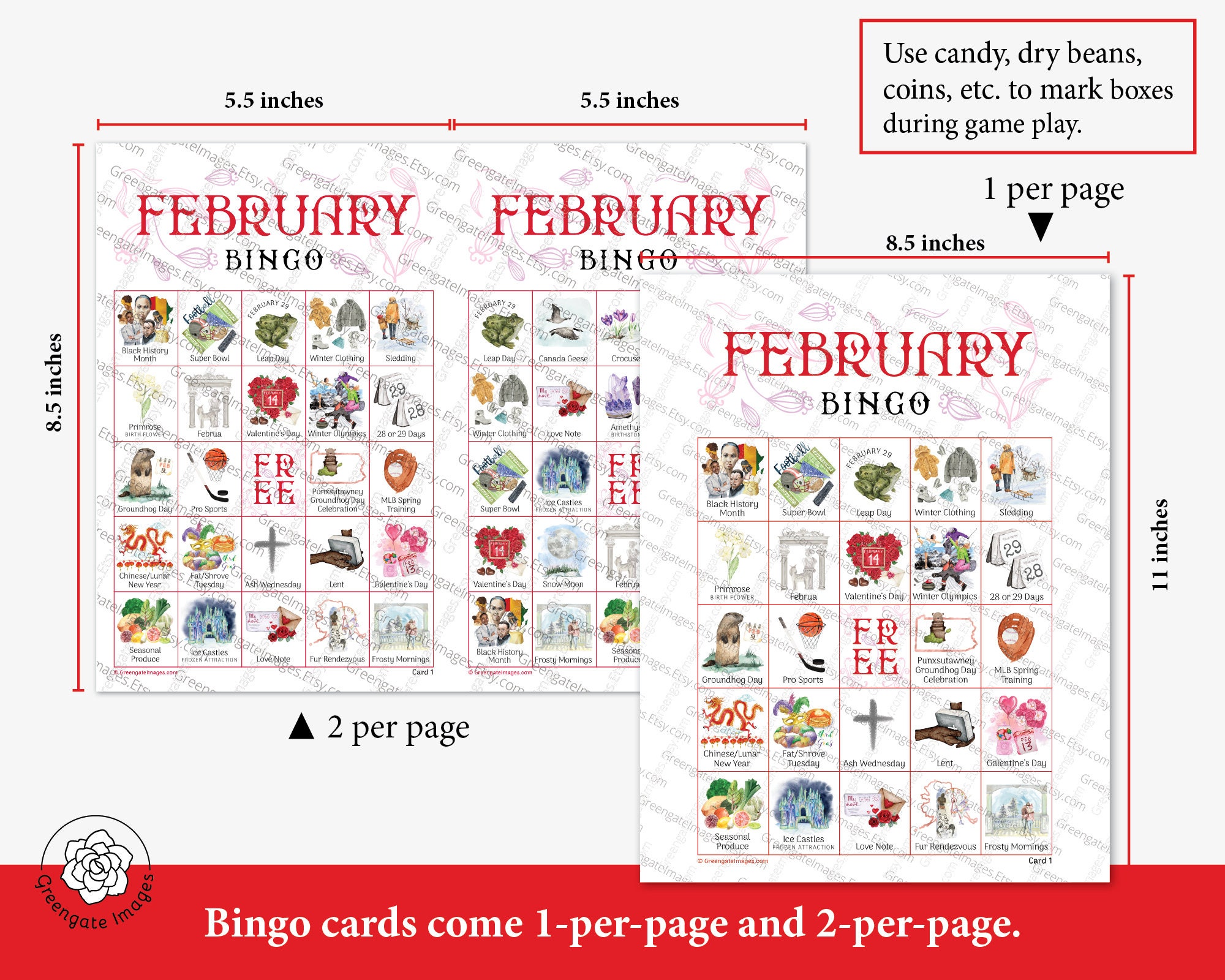 February Bingo - 50 PRINTABLE Unique Cards. Instant Digital Download ...