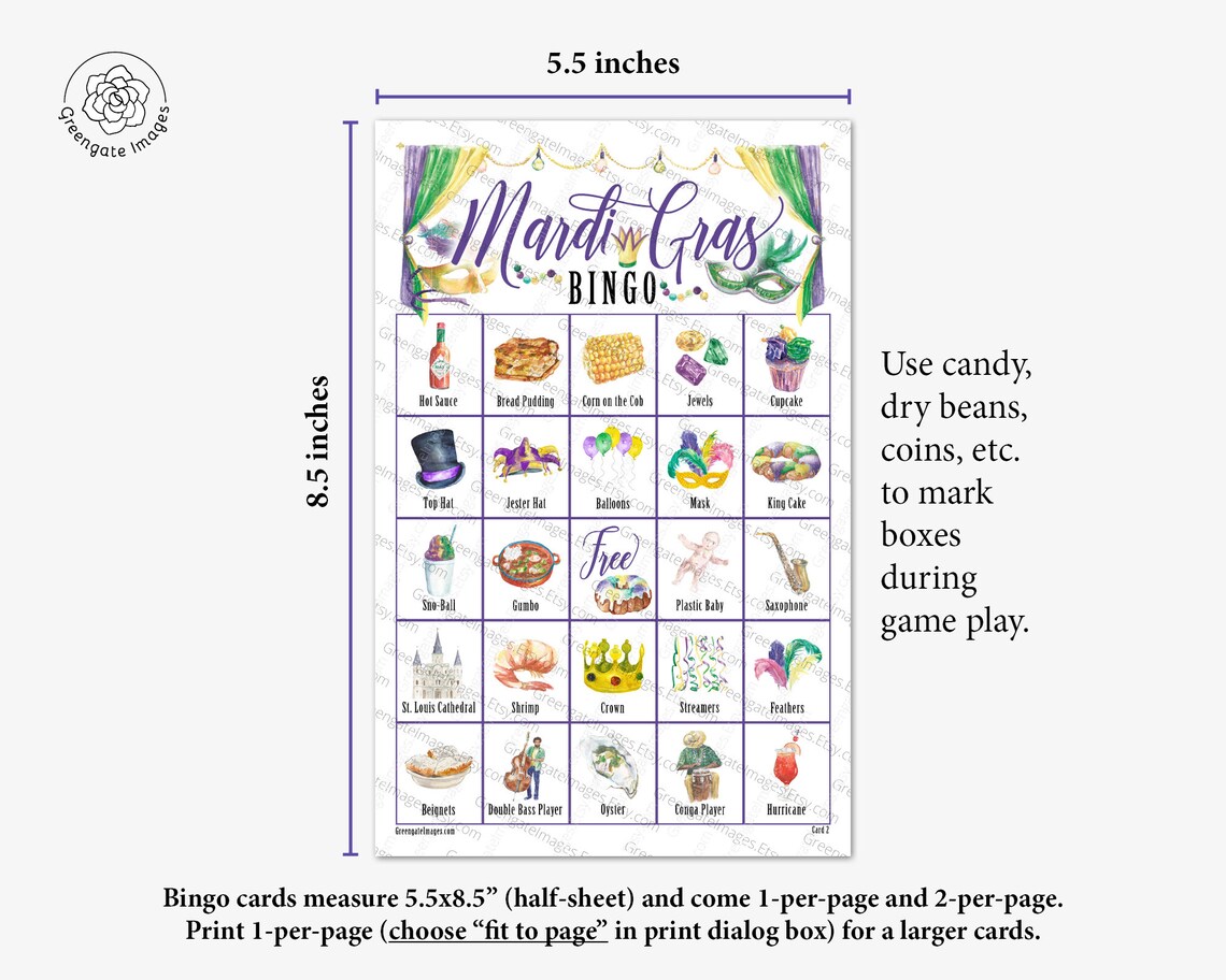 Mardi Gras Bingo Cards: 50 Printable Bingo Cards Senior | Etsy
