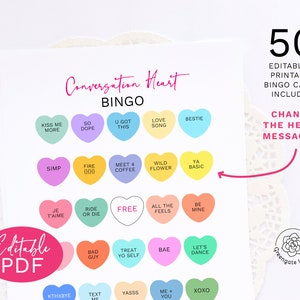 Conversation Heart Bingo Template: 50 Cards Printable Pdf, Editable ...