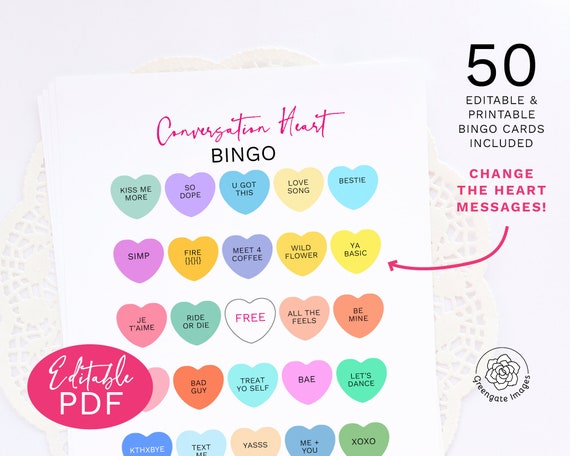 Conversation Heart Bingo Template: 50 Cards Printable Pdf | Etsy