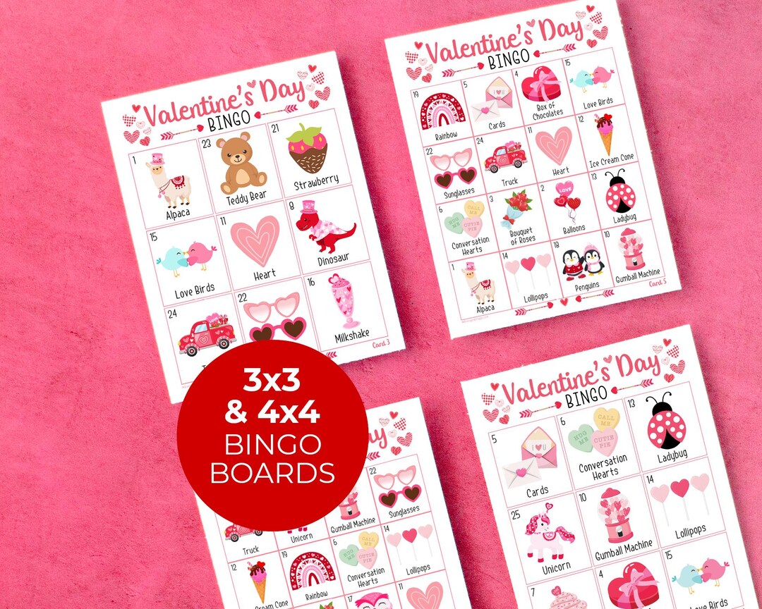 Valentine's Day Bingo for Kids - 50 PRINTABLE Unique Cards. 3x3 & 4x4 ...
