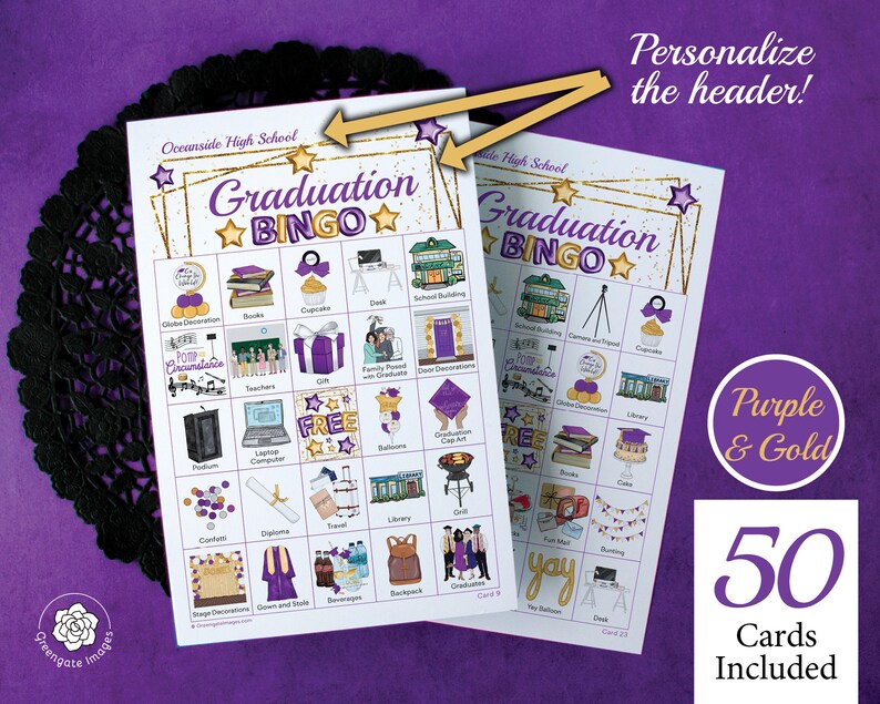 Graduation Bingo 50 PRINTABLE Unique Cards. Purple and Gold - Etsy