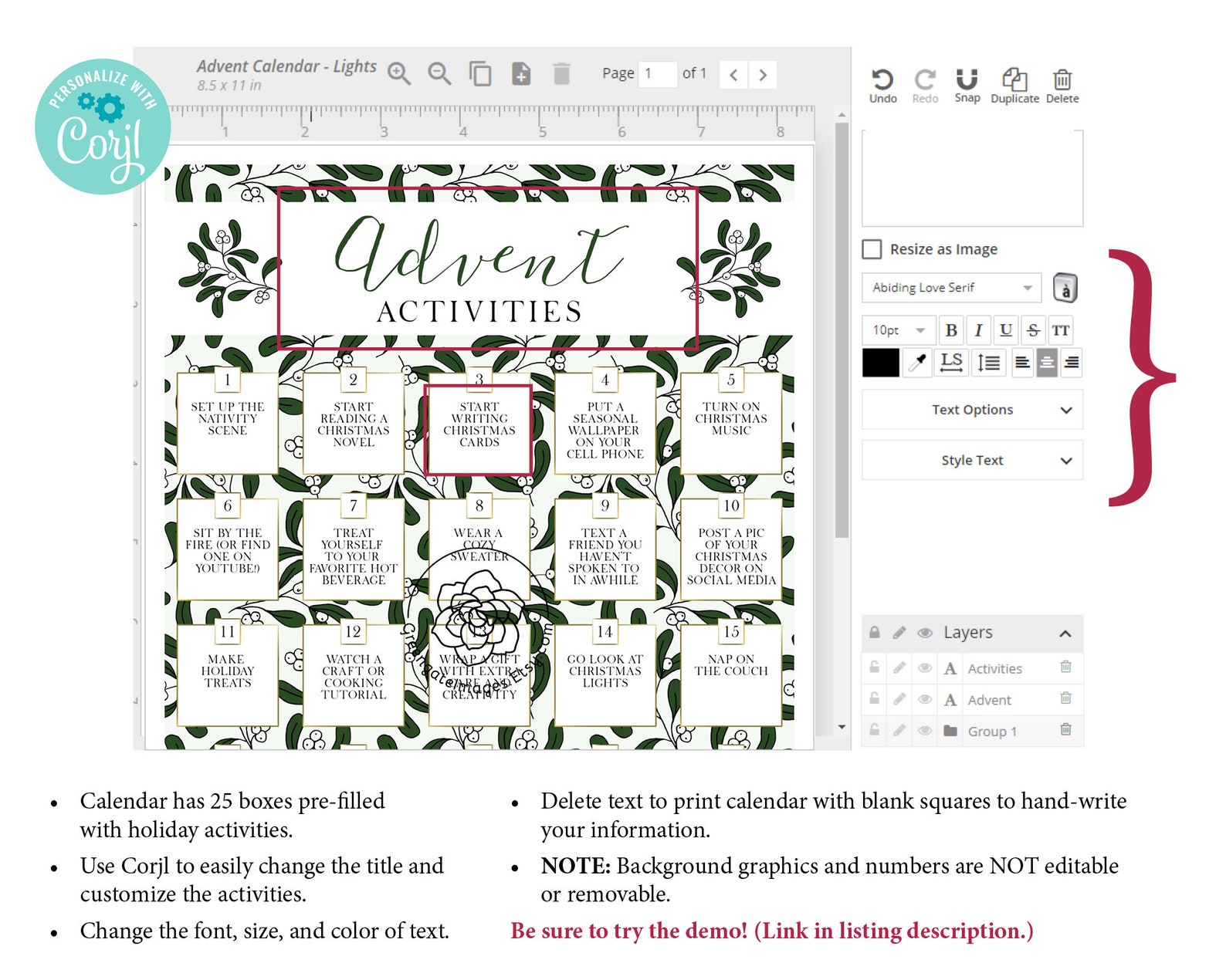 PRINTABLE Advent Calendar Advent Calendar Template Edit in | Etsy