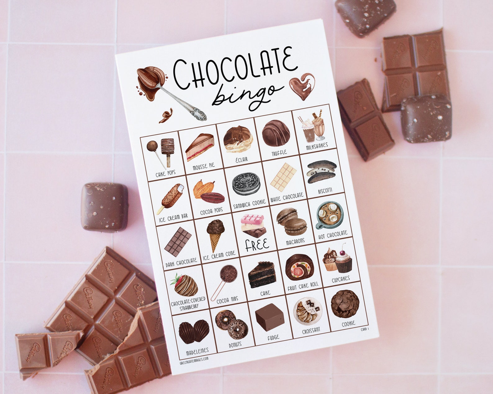 Chocolate Bingo Cards: Printable Bingo Cards, Color Pictures, 50 Cards ...