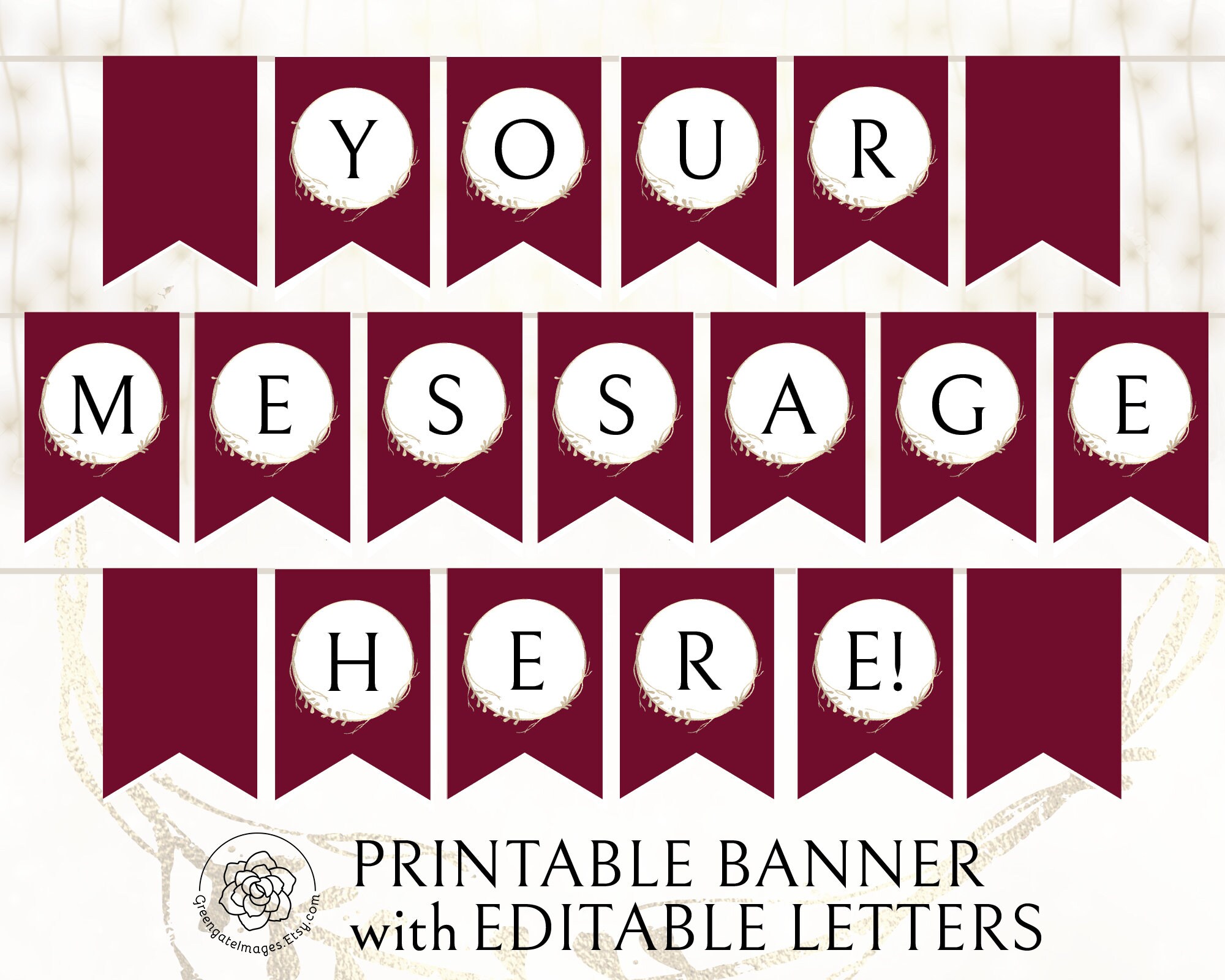 Burgundy Letter Banner - Burgundy and Gold, Printable Bunting, Editable ...