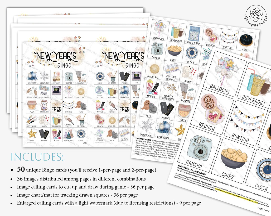 New Year's Kid/teen-friendly Bingo Cards - 50 PRINTABLE Cards for ...