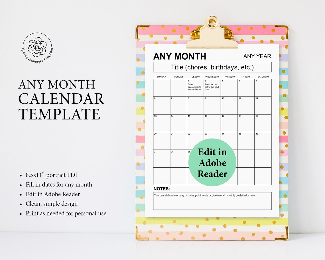 Editable Calendar PDF: Any Year Fillable Printable Monthly - Etsy Canada
