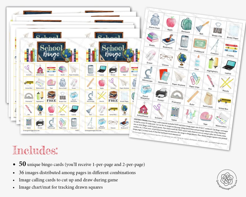 School Bingo Cards: Printable Bingo Cards Color Pictures 50 - Etsy