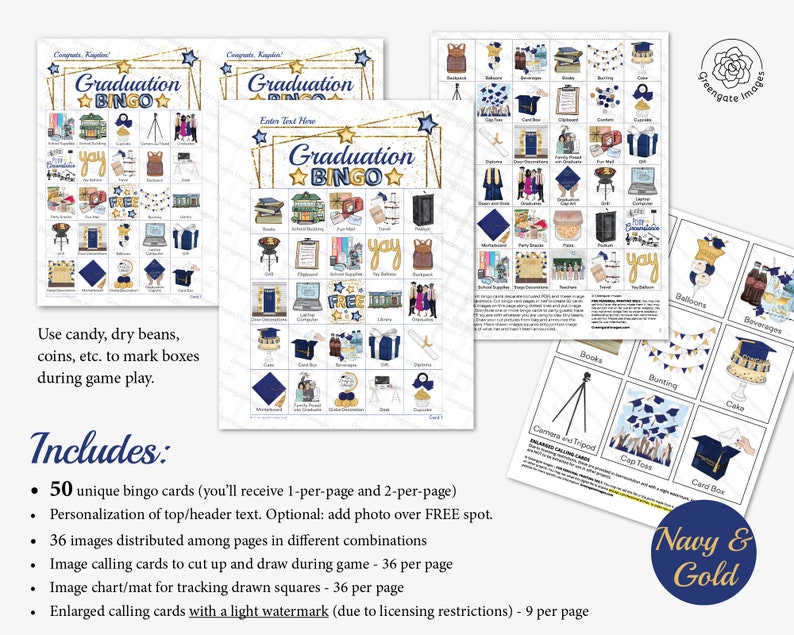 Graduation Bingo - 50 PRINTABLE Unique Cards. Navy Blue and Gold Color ...