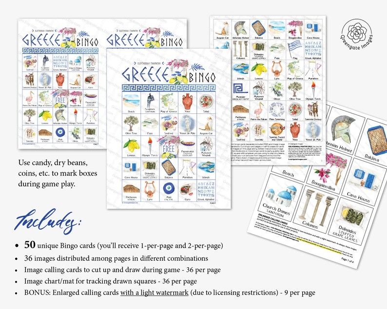Greece Bingo 50 PRINTABLE Unique Cards. Instant Digital - Etsy