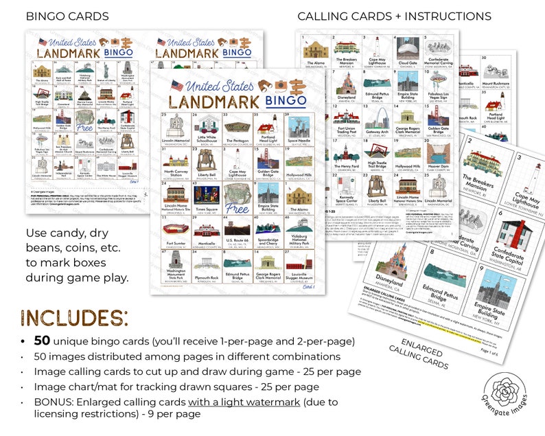 US Landmarks Bingo - 50 PRINTABLE Unique Cards. Instant Digital ...