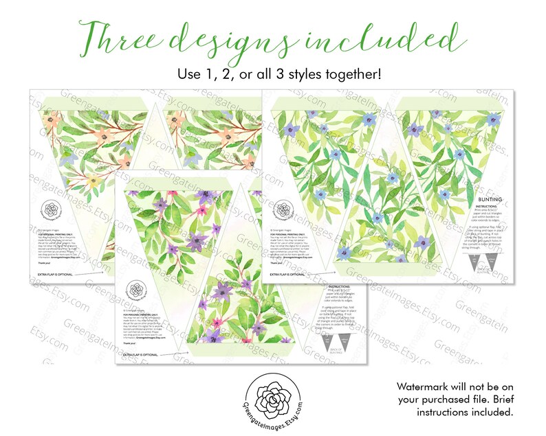 Printable Floral Bunting - INSTANT DOWNLOAD - Watercolor Leaves Flowers ...