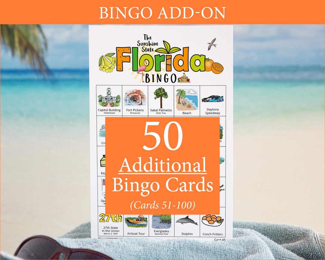 ADD-ON: 50 Additional Florida Bingo Cards (numbered 51-100) to Go With ...