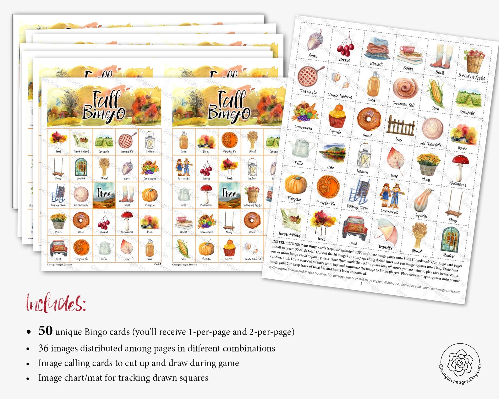 Fall Bingo Cards: PRINTABLE bingo with labeled pictures. 50 | Etsy