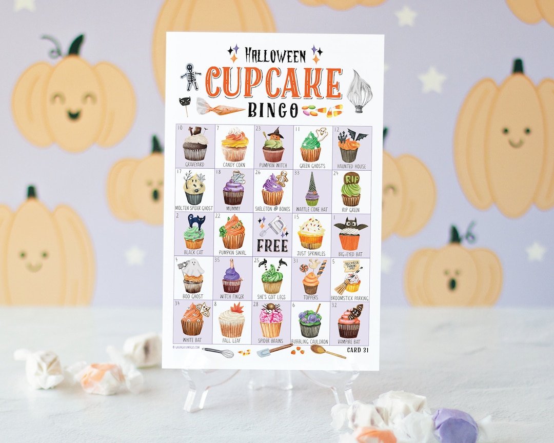 Halloween Cupcake Bingo - 50 PRINTABLE Unique Cards W/watercolor Hand ...