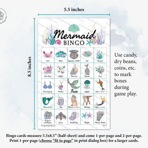 Mermaid Bingo Cards: Printable Bingo Cards, 50 Cards, Kids Game ...