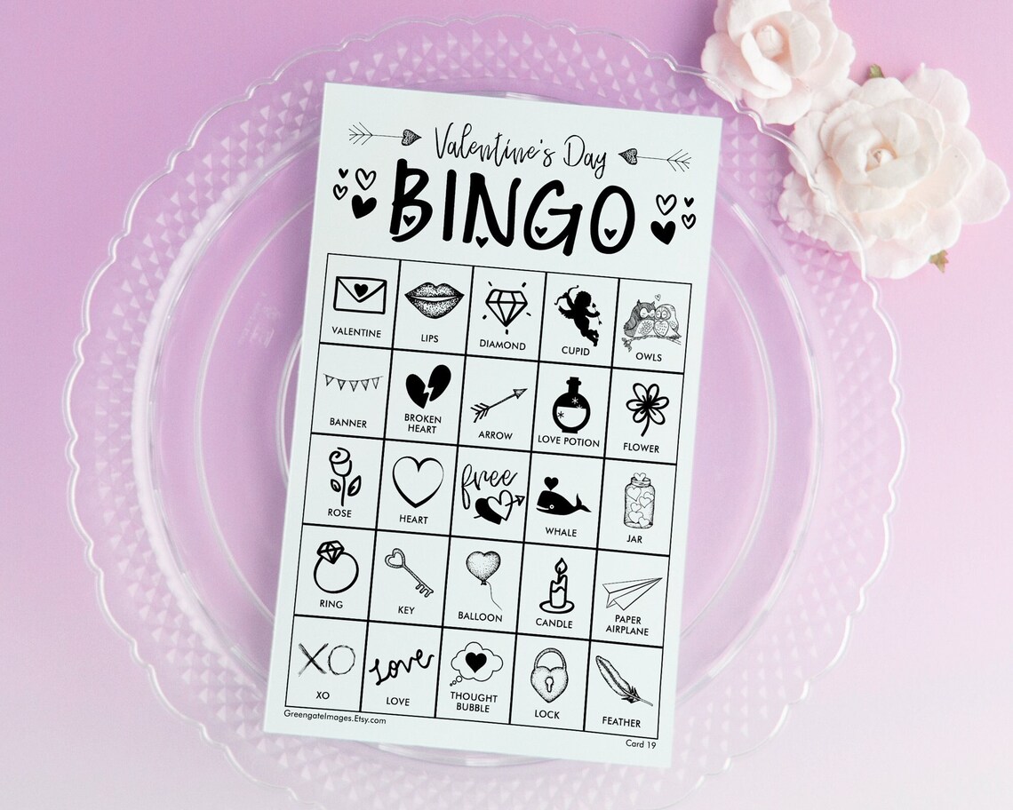 Valentine's Day Bingo Cards: Printable Bingo Cards, Black and White, 50 ...
