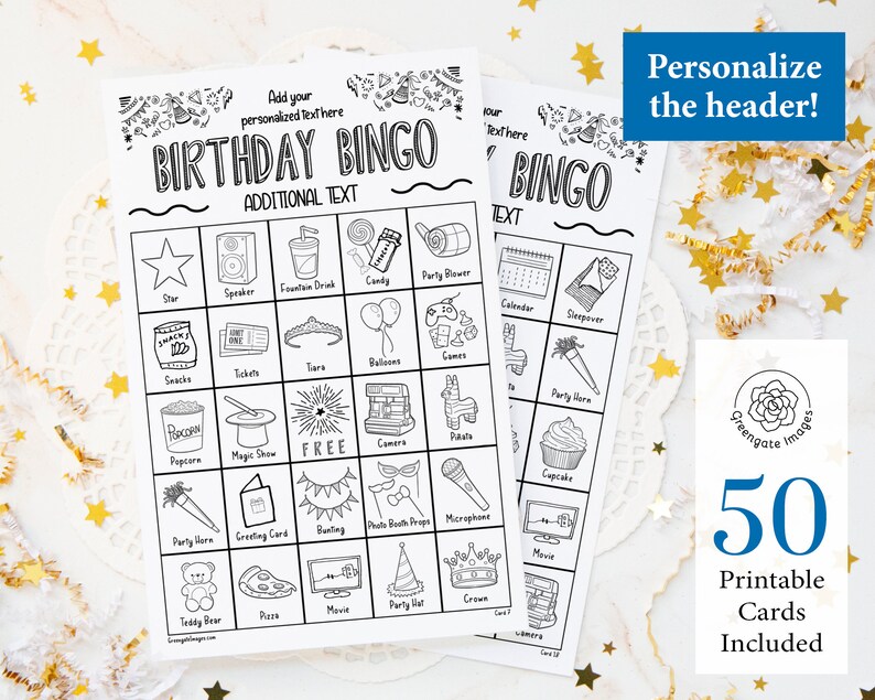 Personalized Birthday Bingo: 50 Printable Bingo Cards BW - Etsy